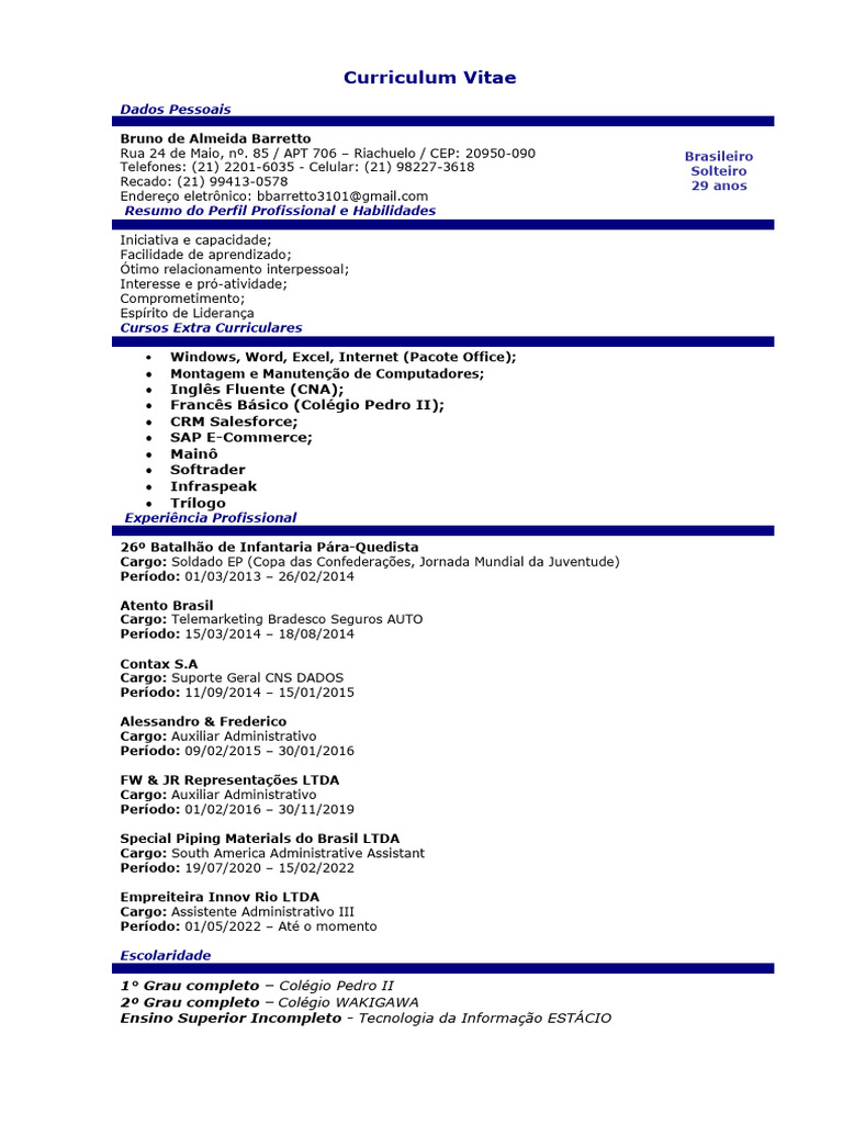 CV Bruno Barretto - PTBR (Min) | PDF