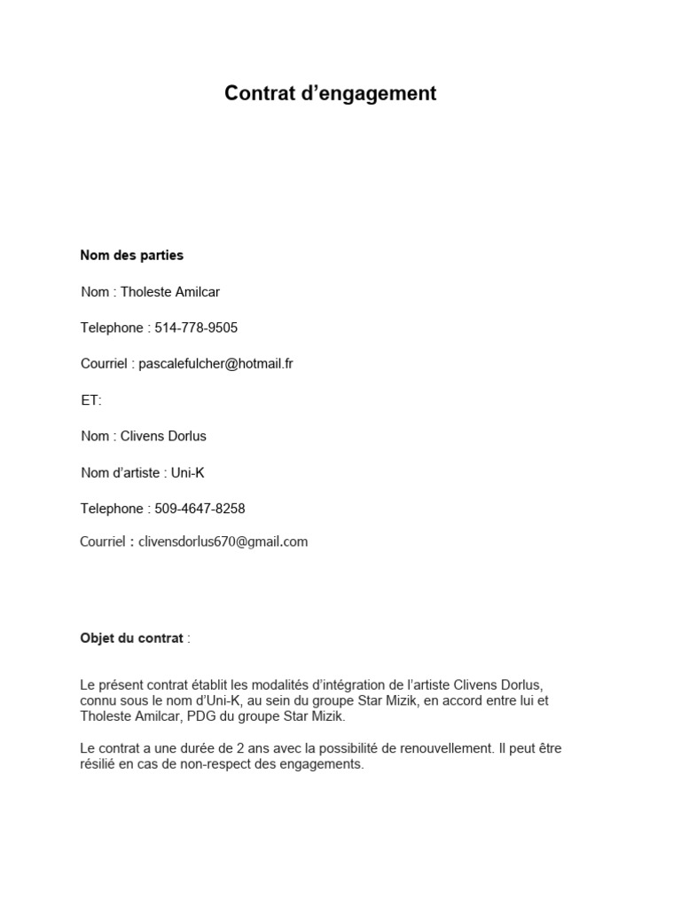 Contrat d'engagement Uni-K Star Mizik | PDF