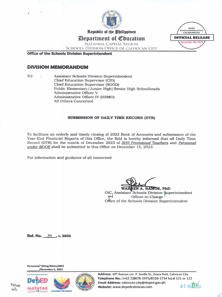 Ref. No. 39 S. 2023 Submission of Daily Time Record DTR | PDF