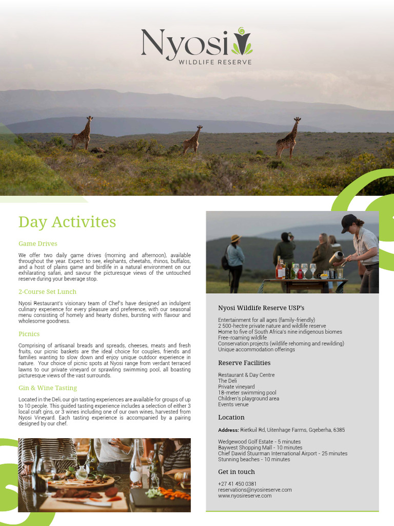Nyosi Wildlife Reserve Activities Guide | PDF | Picnic | Western Cuisine