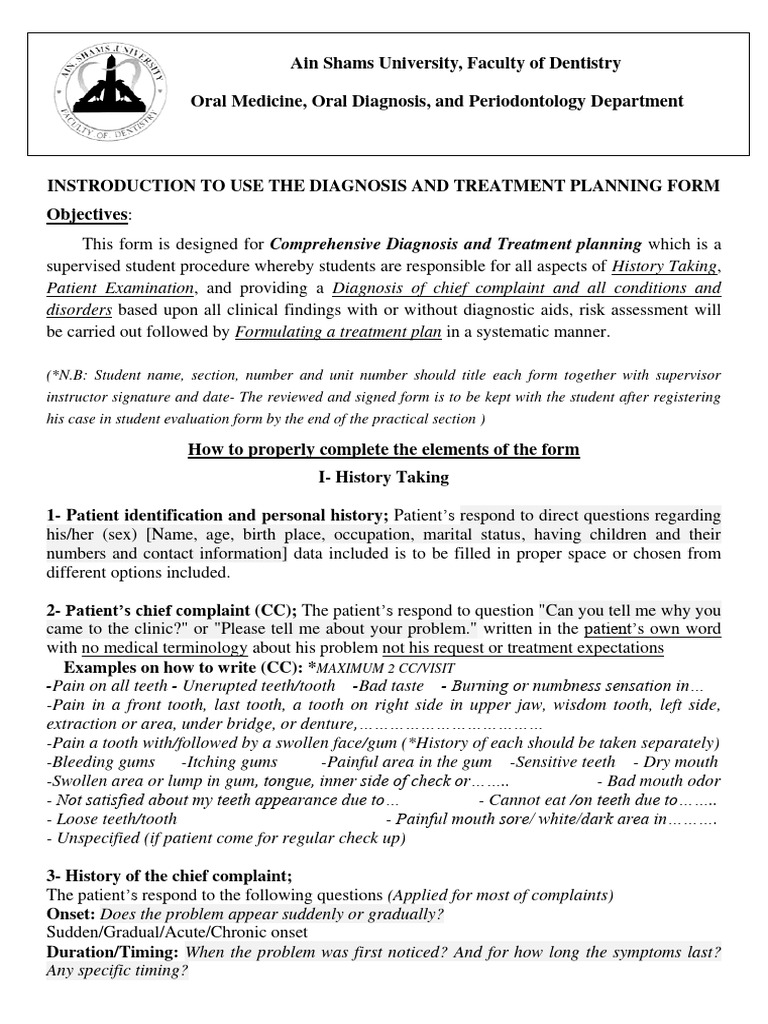 Introduction To The Use of The Diagnosis and Treatment Planning Form ... Introduction To The Use of The Diagnosis and Treatment Planning Form ...