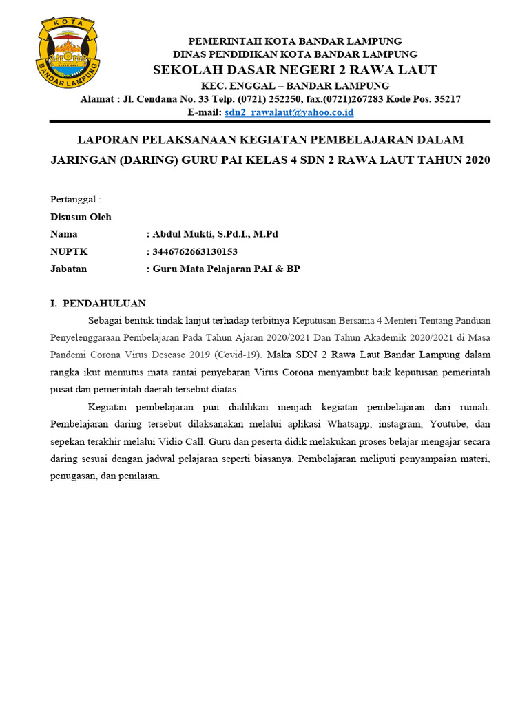 Contoh Laporan Pembelajaran Jarak Jauh (Daring) | PDF
