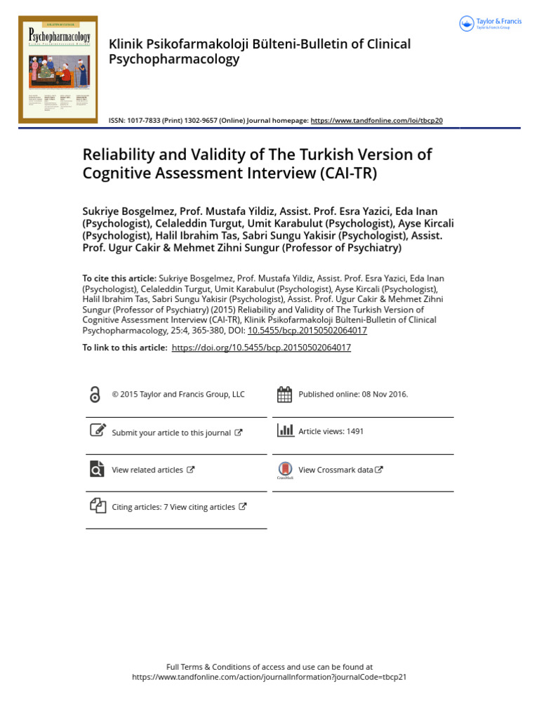 Reliability and Validity of The Turkish Version of Cognitive Assessment Interview CAI TR | PDF ...