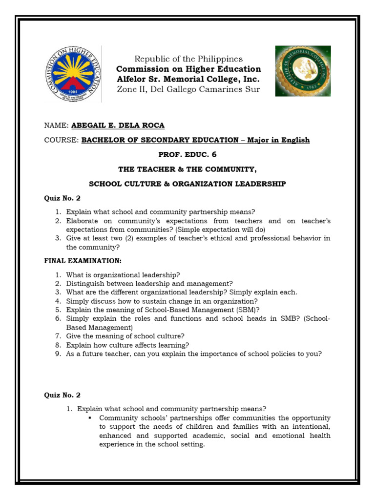 PROF ED 6 Exam | PDF | Leadership | Teachers