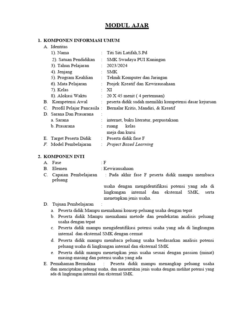Modul Ajar Kewirausahaan - Peluang Usaha | PDF