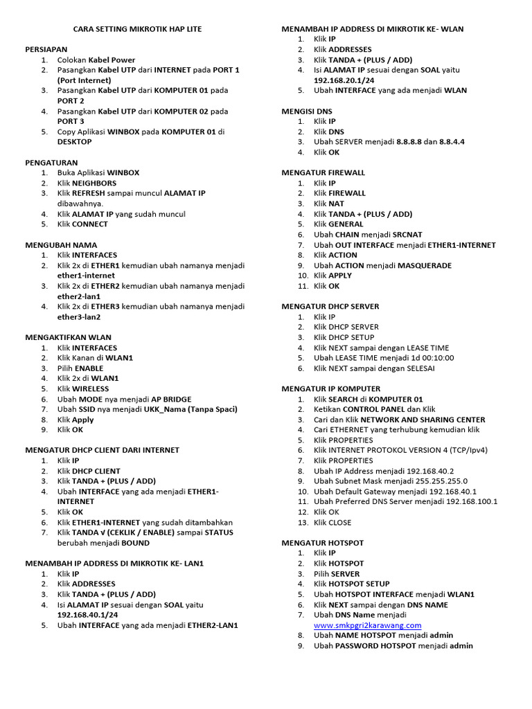 Cara Setting Mikrotik Hap Lite | PDF