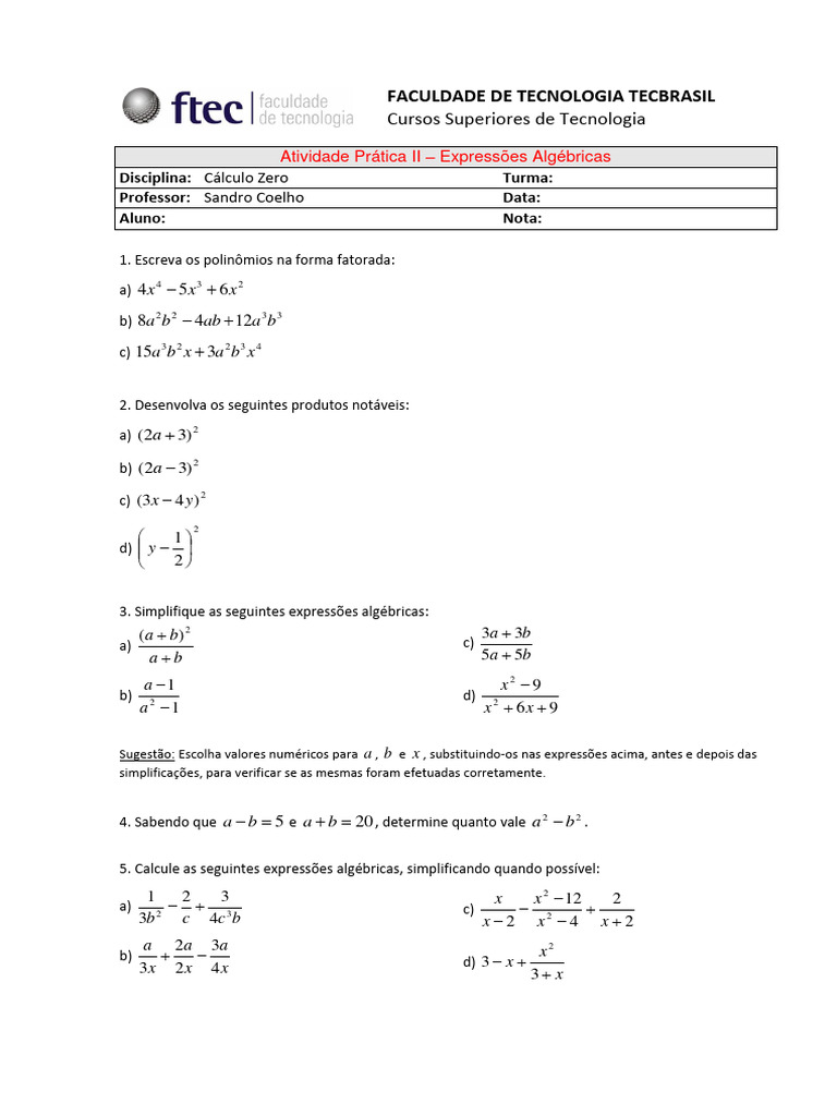 Atividade Pratica II | PDF | Matemática | Álgebra