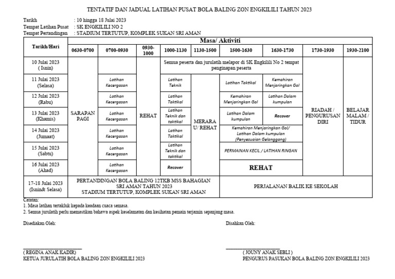 TENTATIF DAN JADUAL LATIHAN PUSAT BOLA BALING ZON ENGKILILI TAHUN 2023 ...