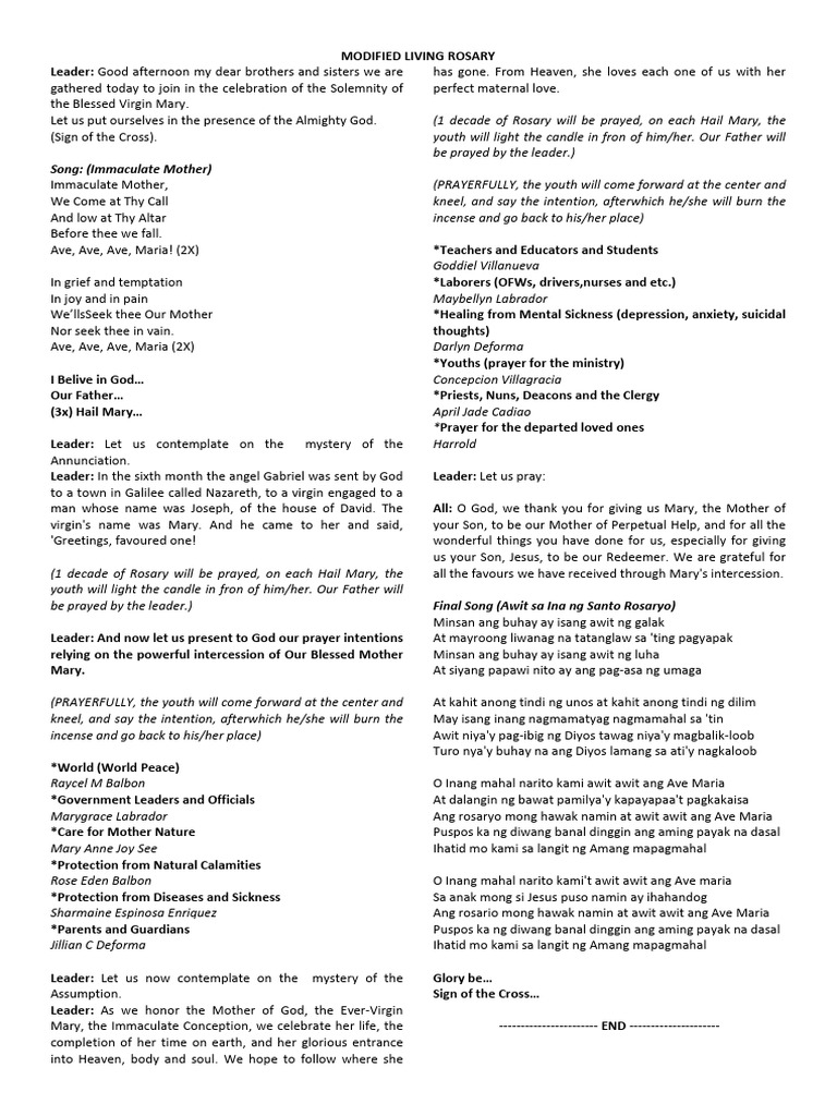 Modified Living Rosary | PDF | Rosary | Mary, Mother Of Jesus