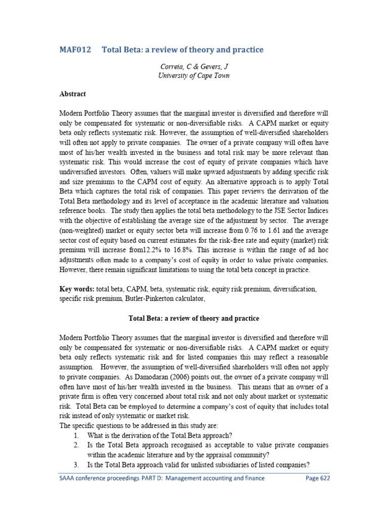 MAF012 Total Beta - A Review of Theory and Practice | PDF | Business Valuation | Capital Asset ...