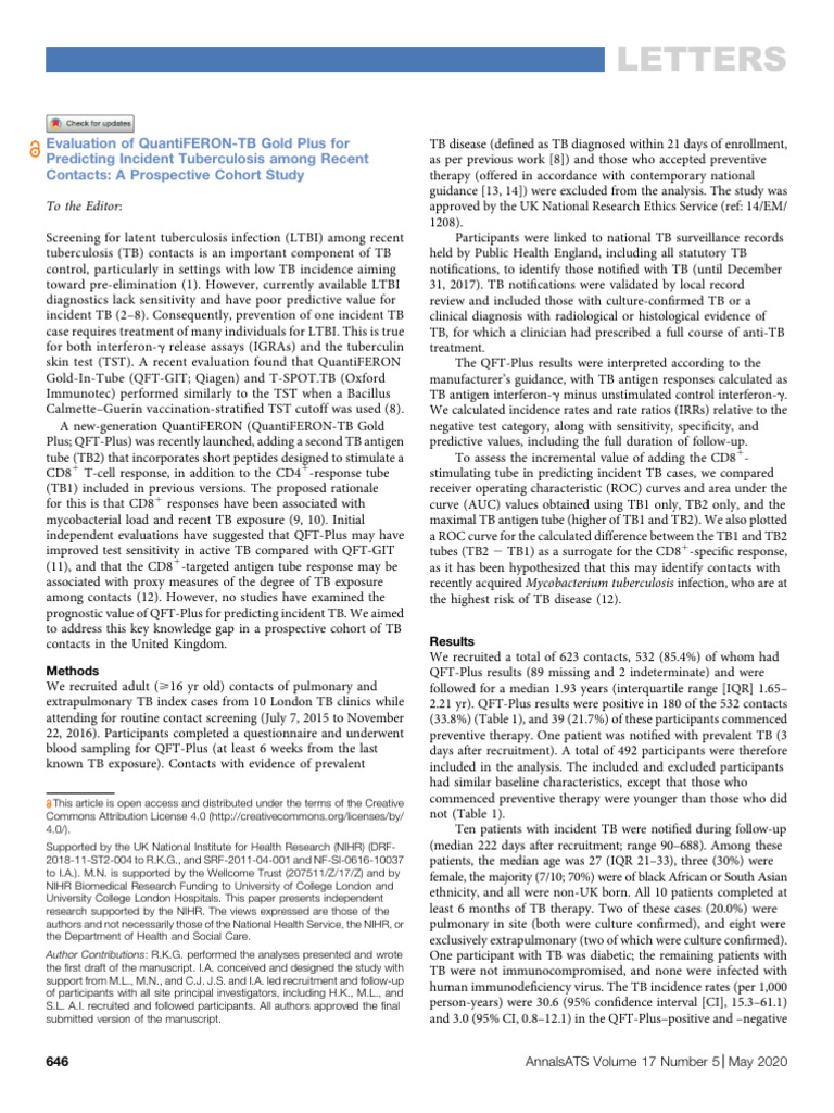 Gupta Et Al 2020 Evaluation of Quantiferon TB Gold Plus For Predicting ...