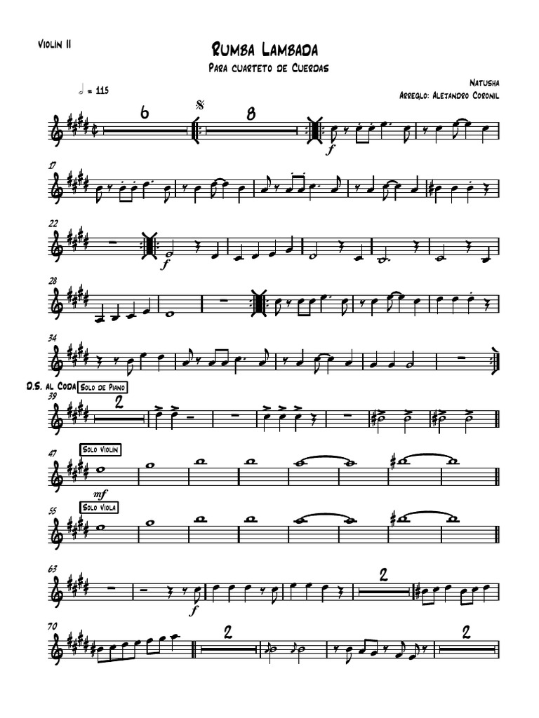 Rumba Lambada Cuarteto de Cuerdas - Violín II | PDF