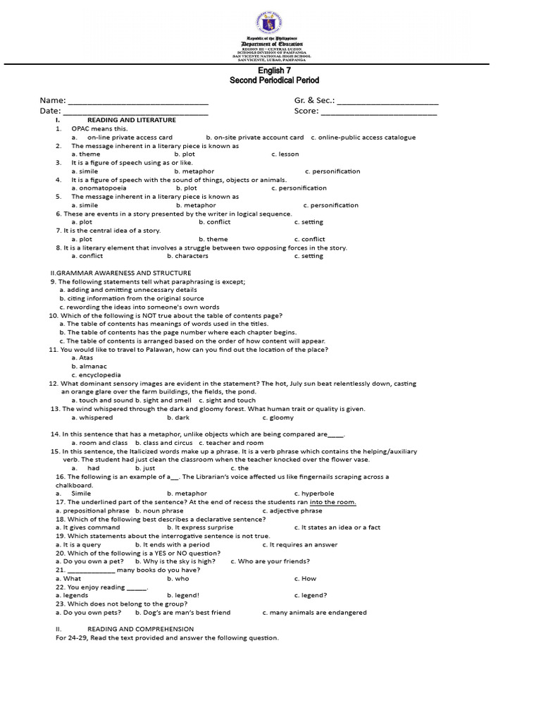 English 7 Periodical Exam Review | PDF | Verb | Adjective
