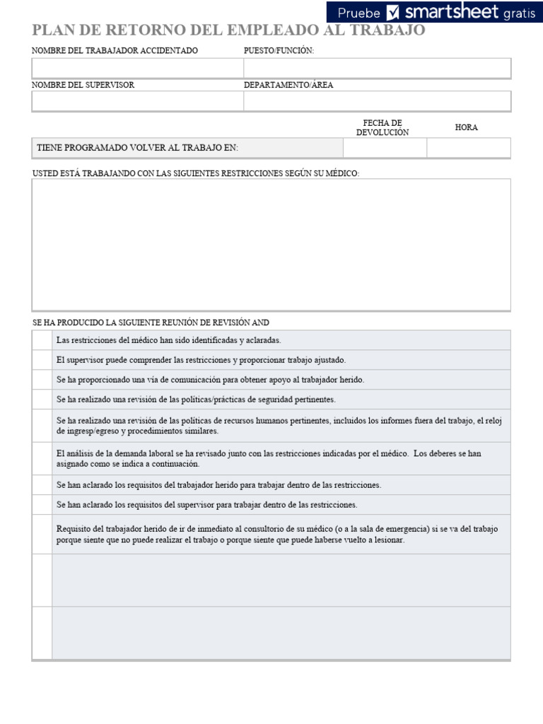 IC Employee Return To Work Plan Template 10691 - WORD - ES | PDF ...