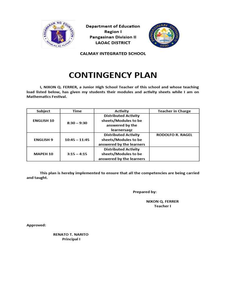 Contingency Plan Nixon | PDF | Teaching | Learning