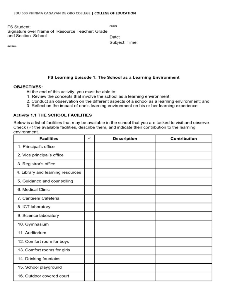 FS Learning Episode 1: The School As A Learning Environment Objectives ...