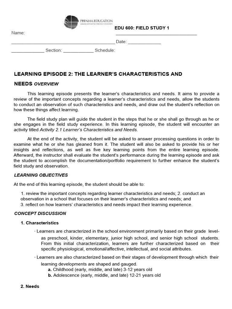Learning Episode 2: The Learner'S Characteristics and Needs: Edu 600: Field Study 1 | PDF ...