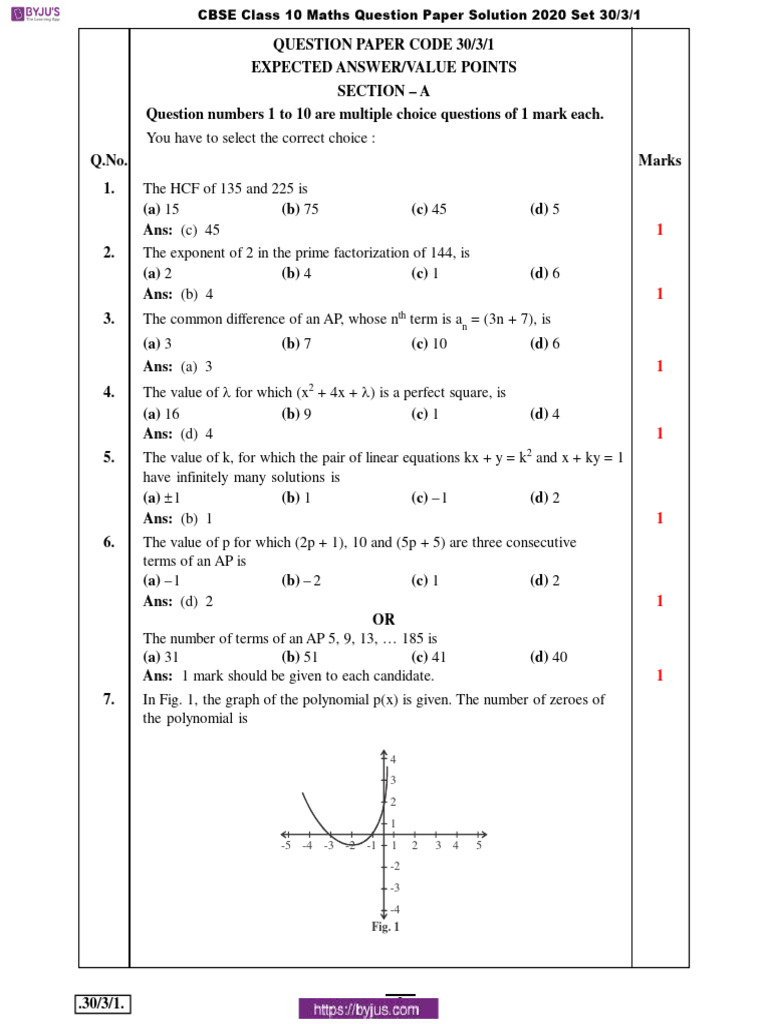 CBSE Class 10 Maths Standard Question Paper Solution 2020 Set 30-3-1 ...