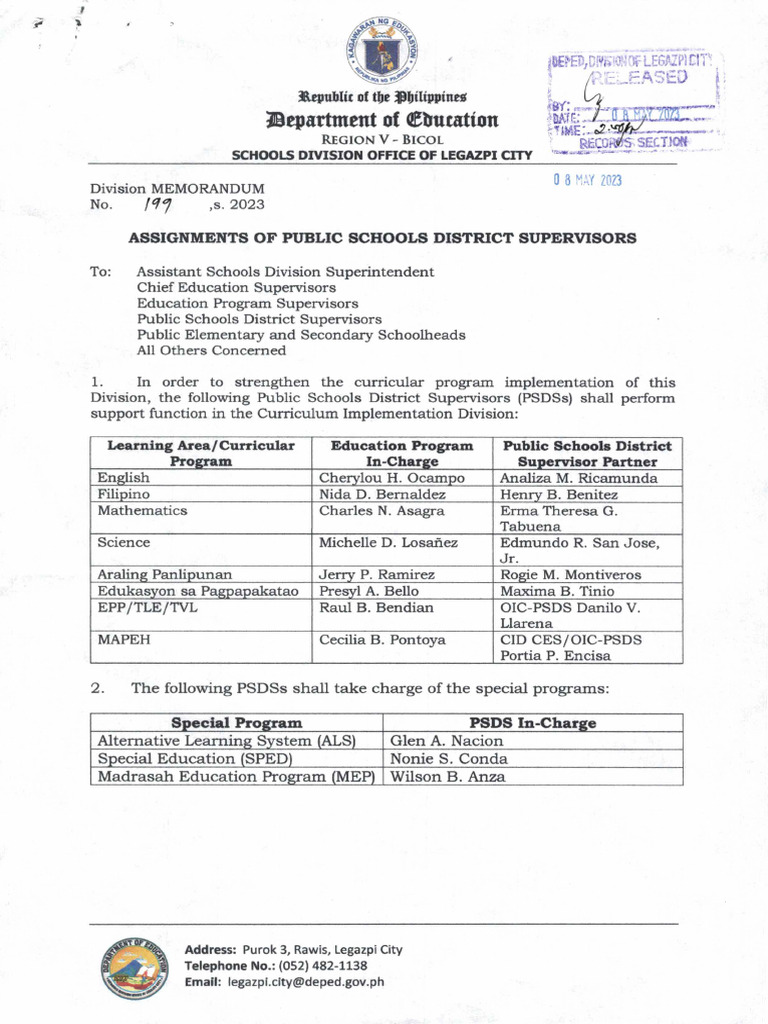 DM No. 199, S. 2023 Assignments of Public Schools District Supervisors ...