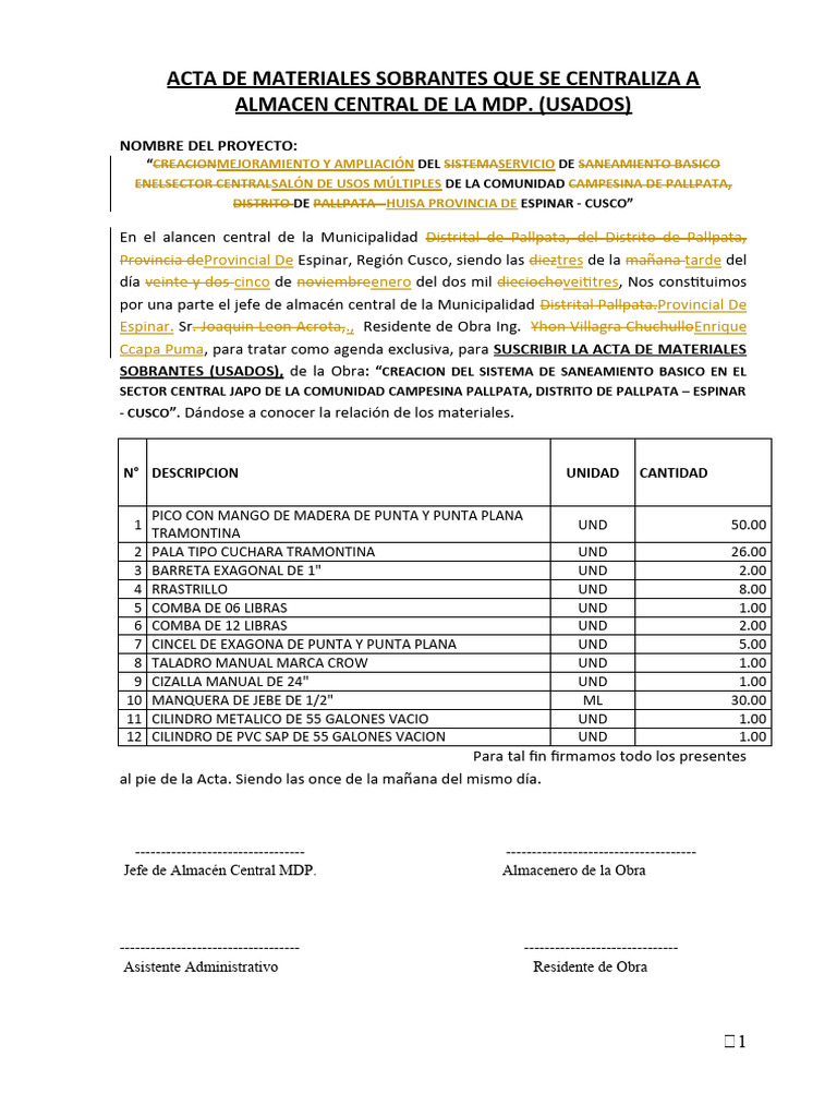 Acta de Entrega de Mat. Usados Almacen | PDF