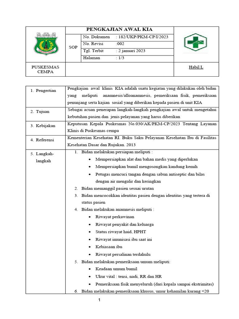 1.SOP Pengkajian Awal Kia | PDF