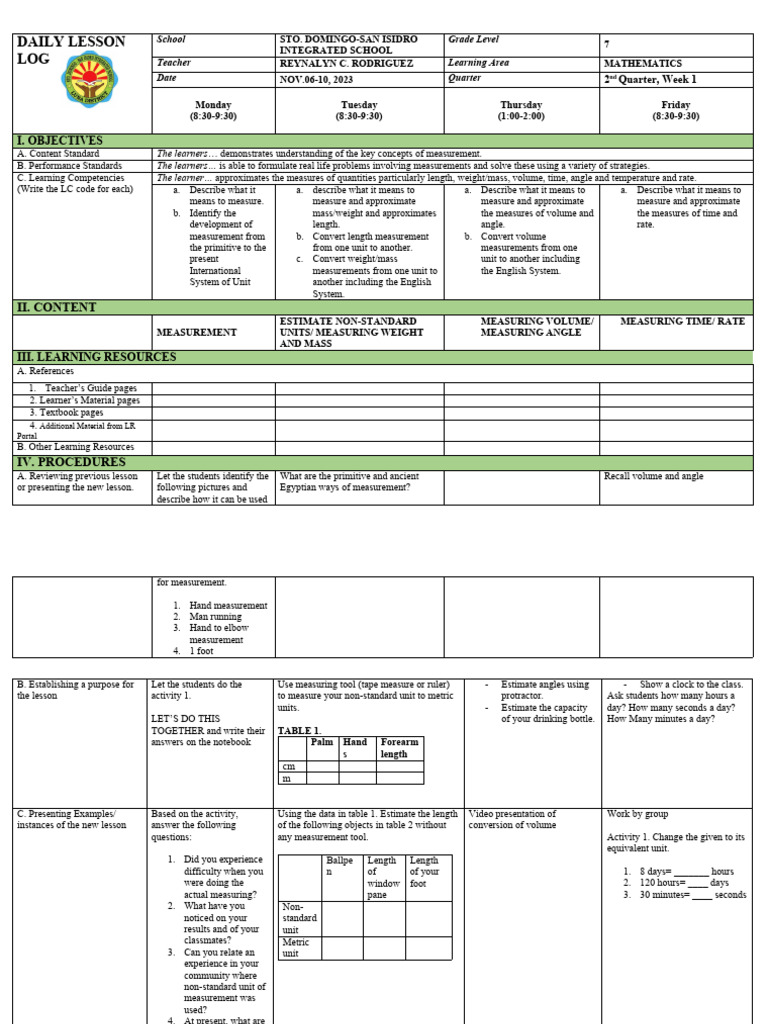 Math 7 - 2Q - 1ST Week | PDF | Volume | Measurement