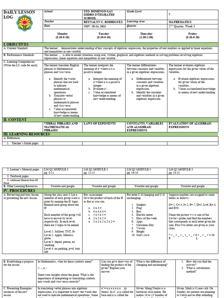 MATH 7 Q2 WEEK 3 | PDF | Variable (Mathematics) | Mathematics