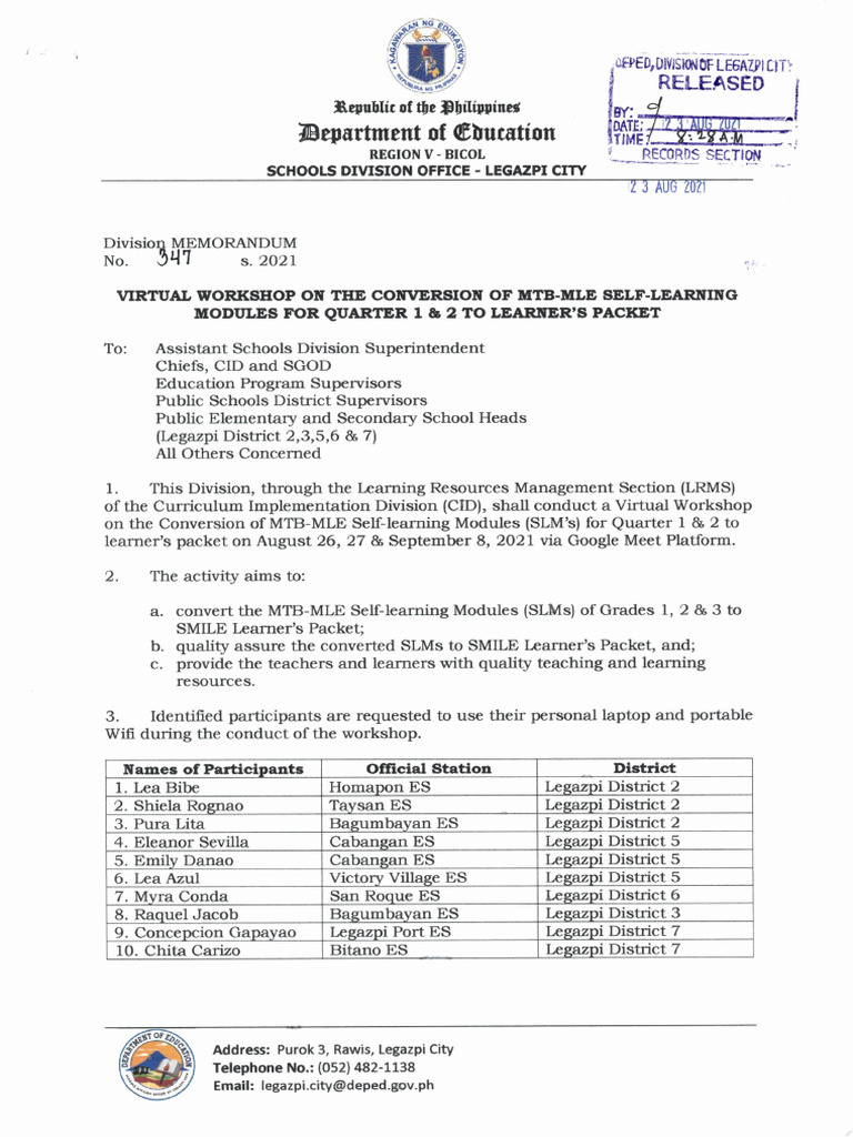 DM No. 347 S. 2021 Virtual Workshop On The Conversion of MTB MLE Self ...