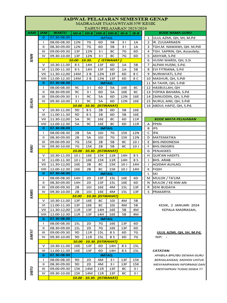 JADWAL PELAJARAN MTS SEM GENAP FINAL TP.2023-2024 | PDF