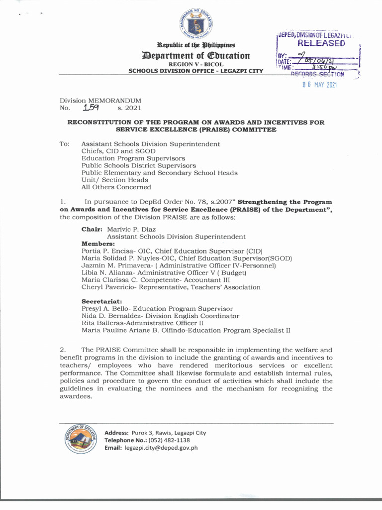 DM No. 159 S. 2020 Reconstitution of The Program On Awards and ...