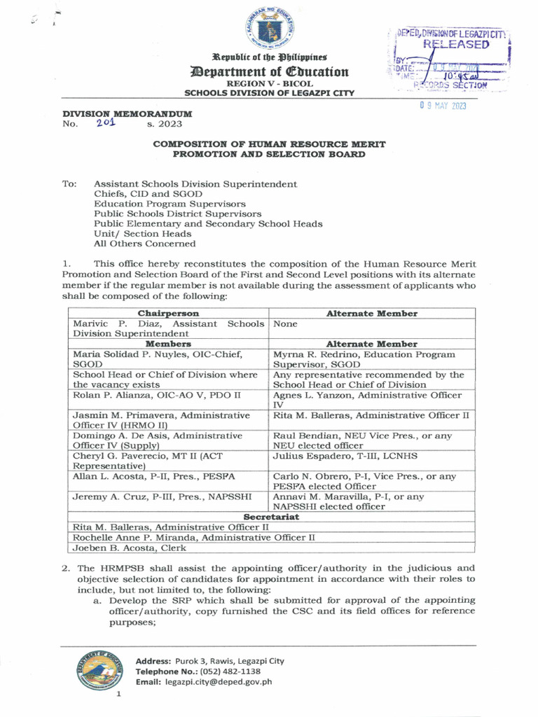DM No. 201, s. 2023 Composition of Human Resource Merit Promotion and ...