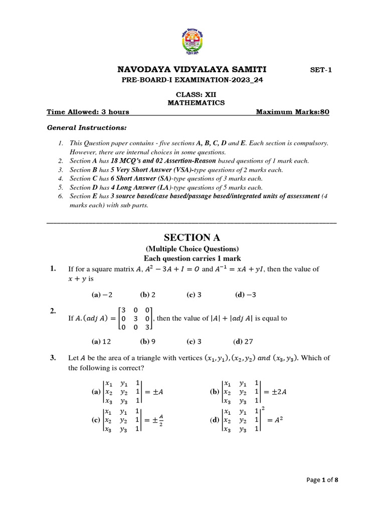 MathsClass XII - SET-1 | PDF | Algebra | Linear Algebra
