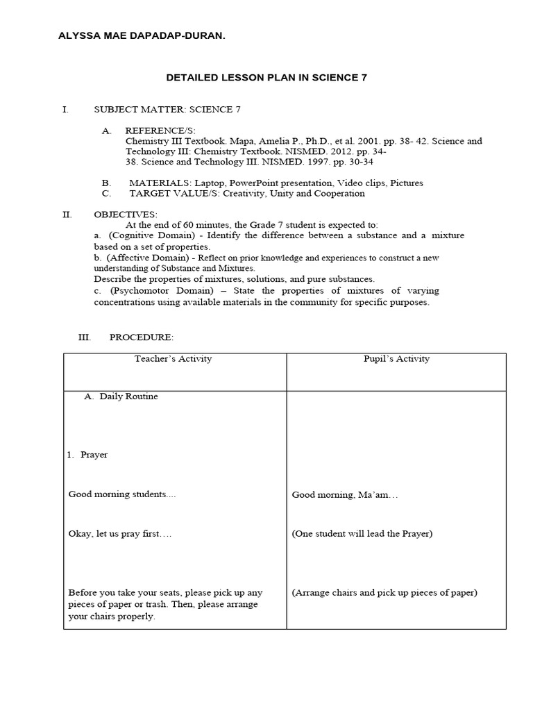 Science 7 Lesson Plan: Substances vs. Mixtures | PDF | Self-Improvement ...