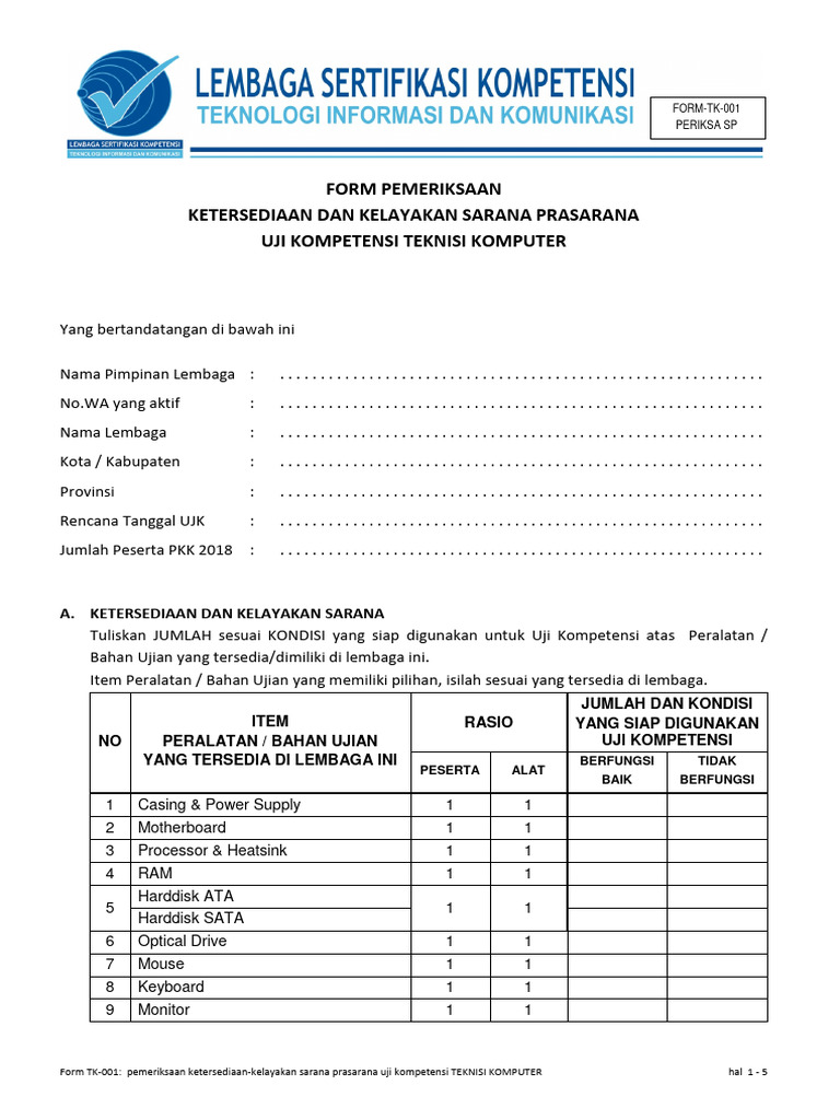 Form-Tk-001 - Pemeriksaan Ketersediaan Kelayakan Sarpras Ujk - Teknisi Komputer | PDF