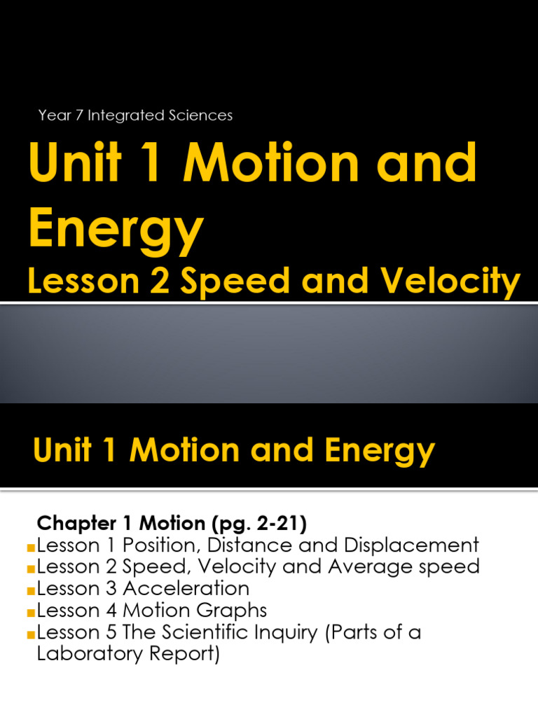 Y7 Unit 1 Motion Lesson 2 Speed Velocity and Average Speed YW | PDF