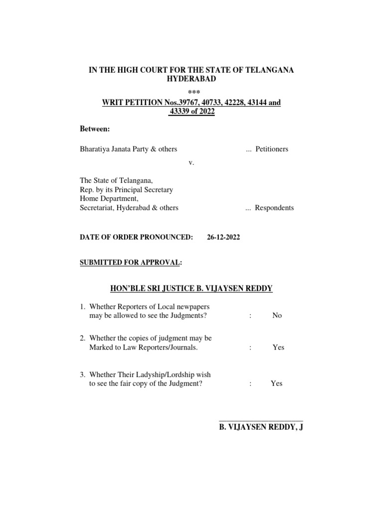 Bharatiya Janata Party Ors V State of Telangana Writ Petition Nos39767 ...