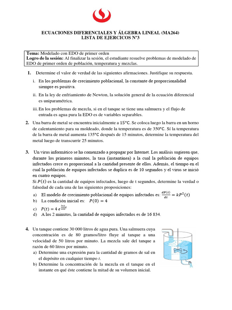 LISTA DE EJERCICIOS 3 - Sesión 2.1 Modelado EDO Primer Orden | PDF
