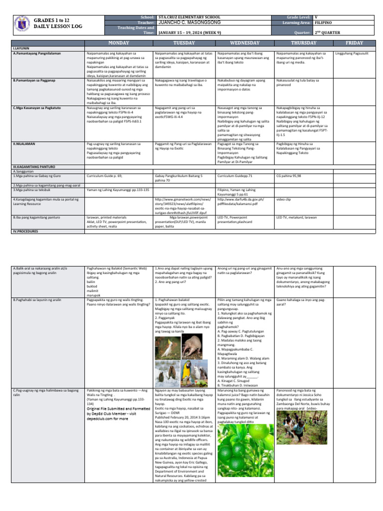 DLL Filipino 5 q2 w9 | PDF