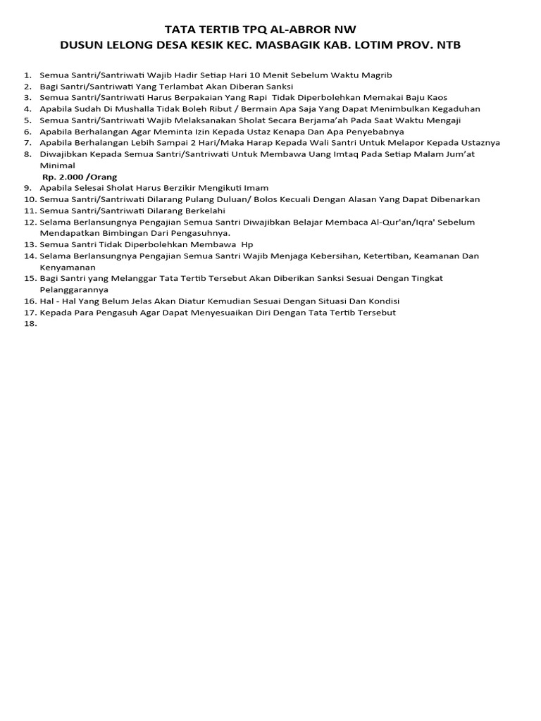 TATA TERTIB TPQ AL-ABROR | PDF