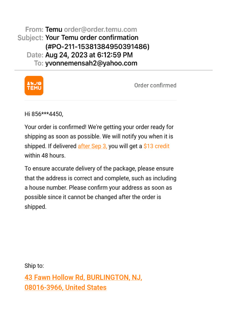 Your Temu Order Confirmation (#PO-211-15381384950391486) | PDF | Career ...