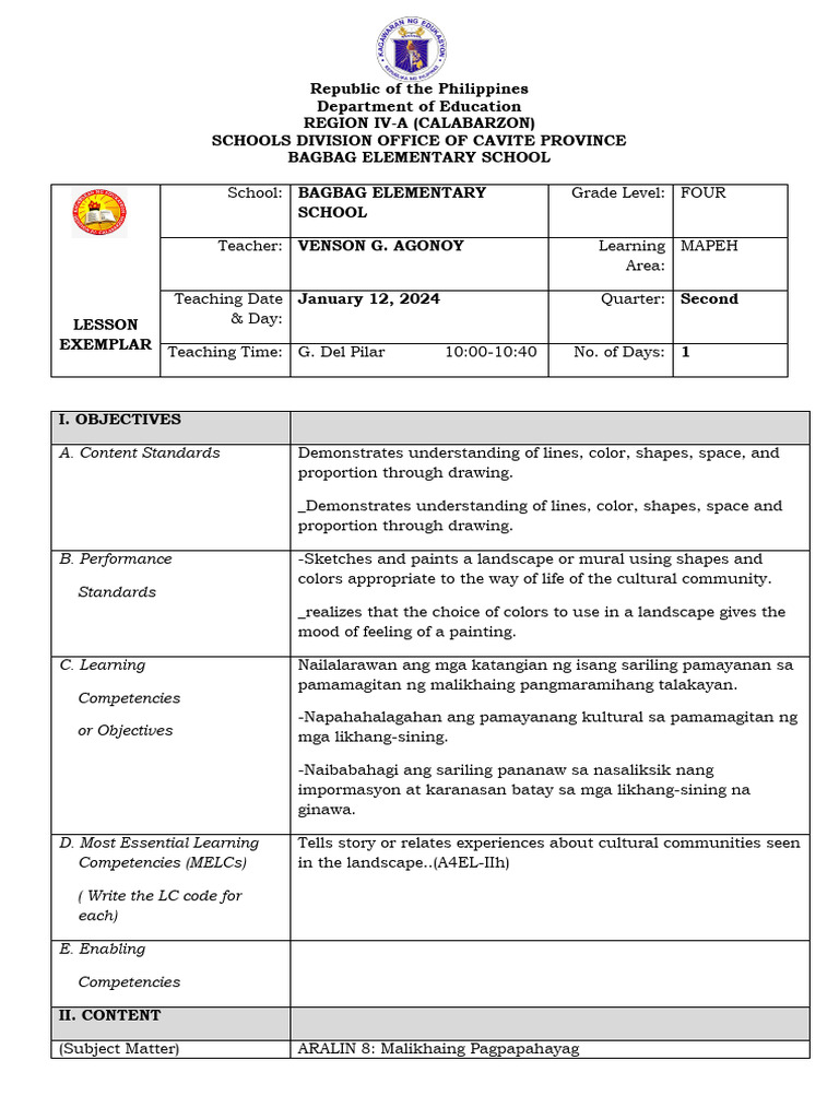 Pook Pasyalan Drawing Lesson Plan | PDF | Teachers | Philippines