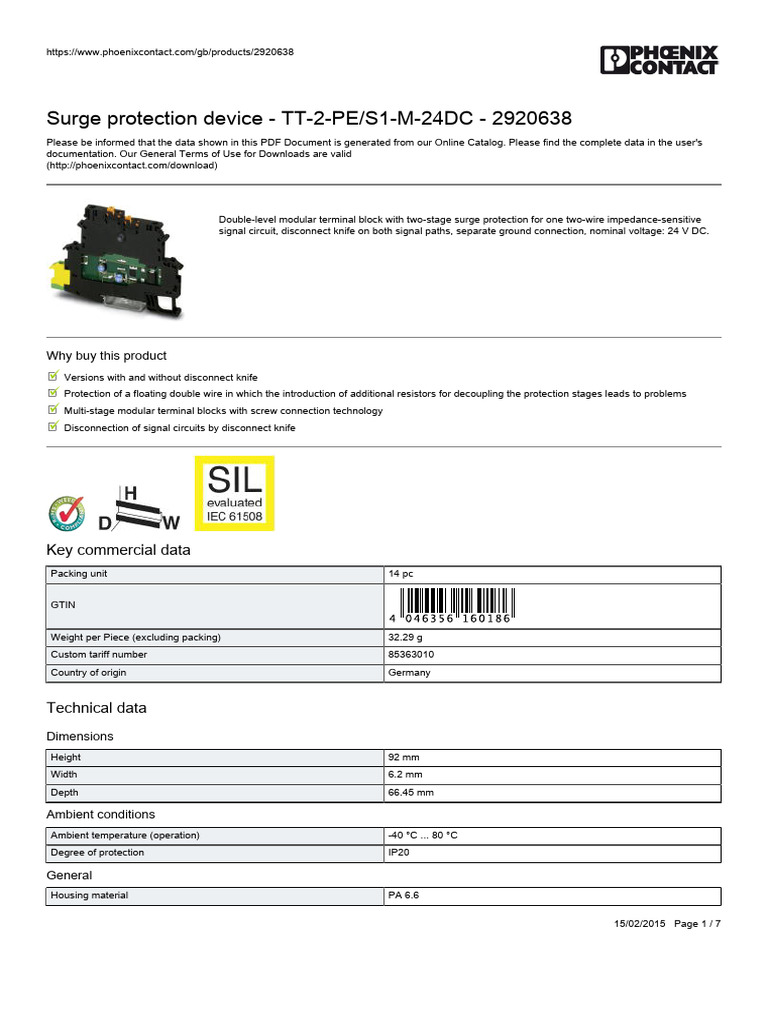 Surge Protection Device - TT-2-PE/S1-M-24DC - 2920638: Key Commercial Data | PDF | Voltage ...