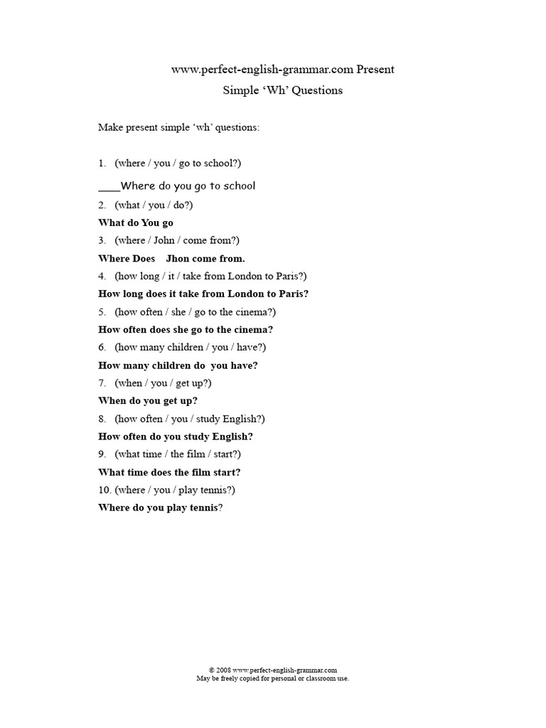 Present Simple 'Wh' Questions Guide | PDF