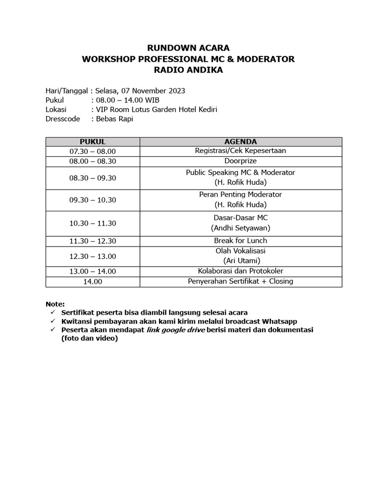 Rundown Acara Workshop Professional MC and Moderator 07112023 | PDF