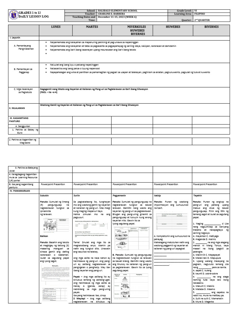 DLL Filipino-6 Q2 W6 | PDF