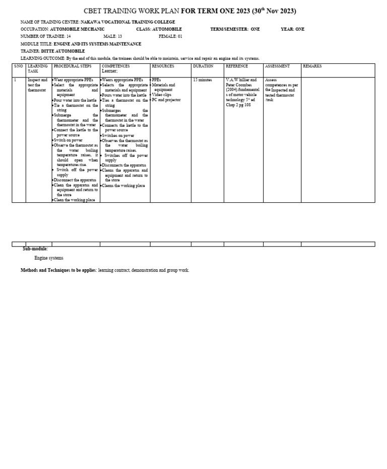 Automobile CBET Training Workplan | PDF | Thermostat | Physical Sciences