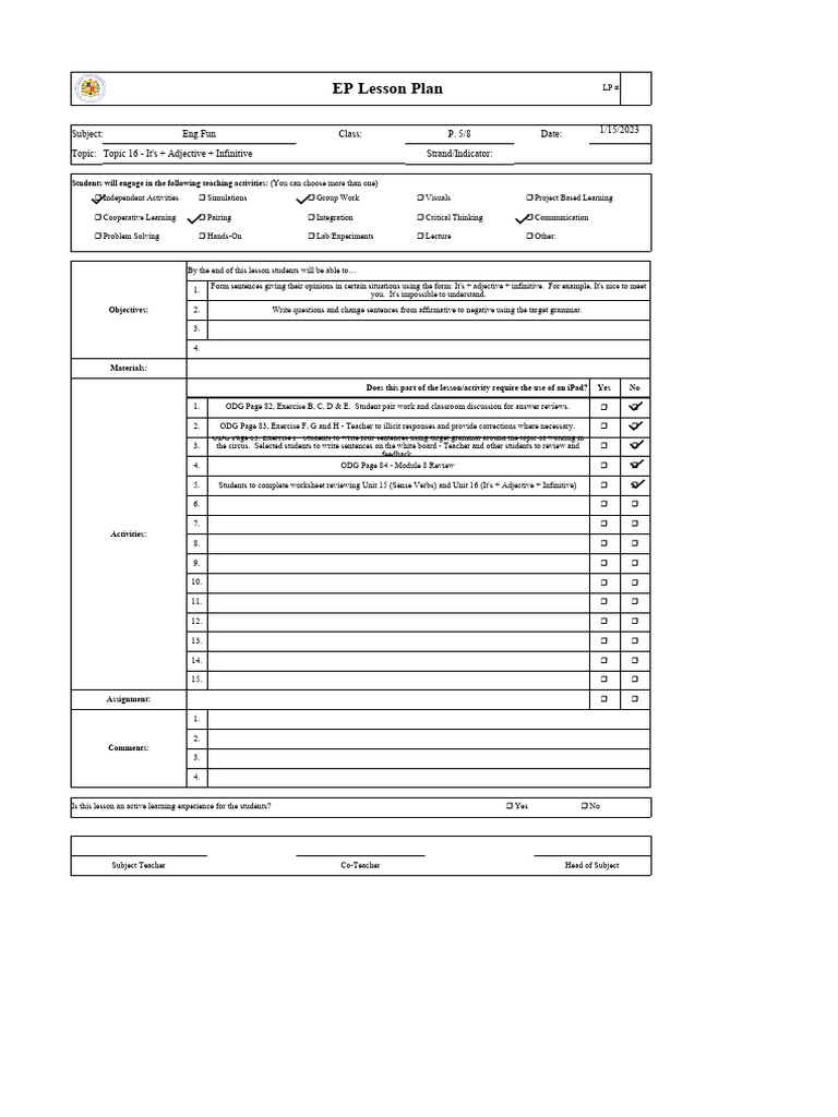 Acsp - Ep - Lesson Plan - Darren - Harding - P5 - Eng - Fun - 15 - Jan - 2024 | PDF | Lesson ...