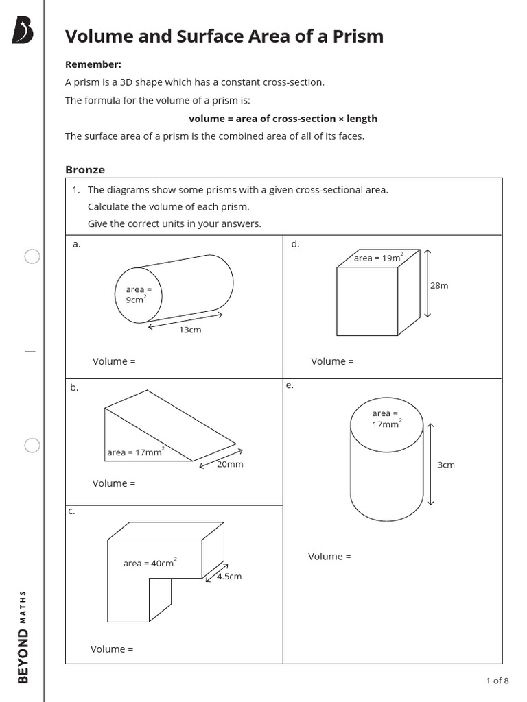 Prism Volume and Surface Area Calculations | PDF | Area | Volume