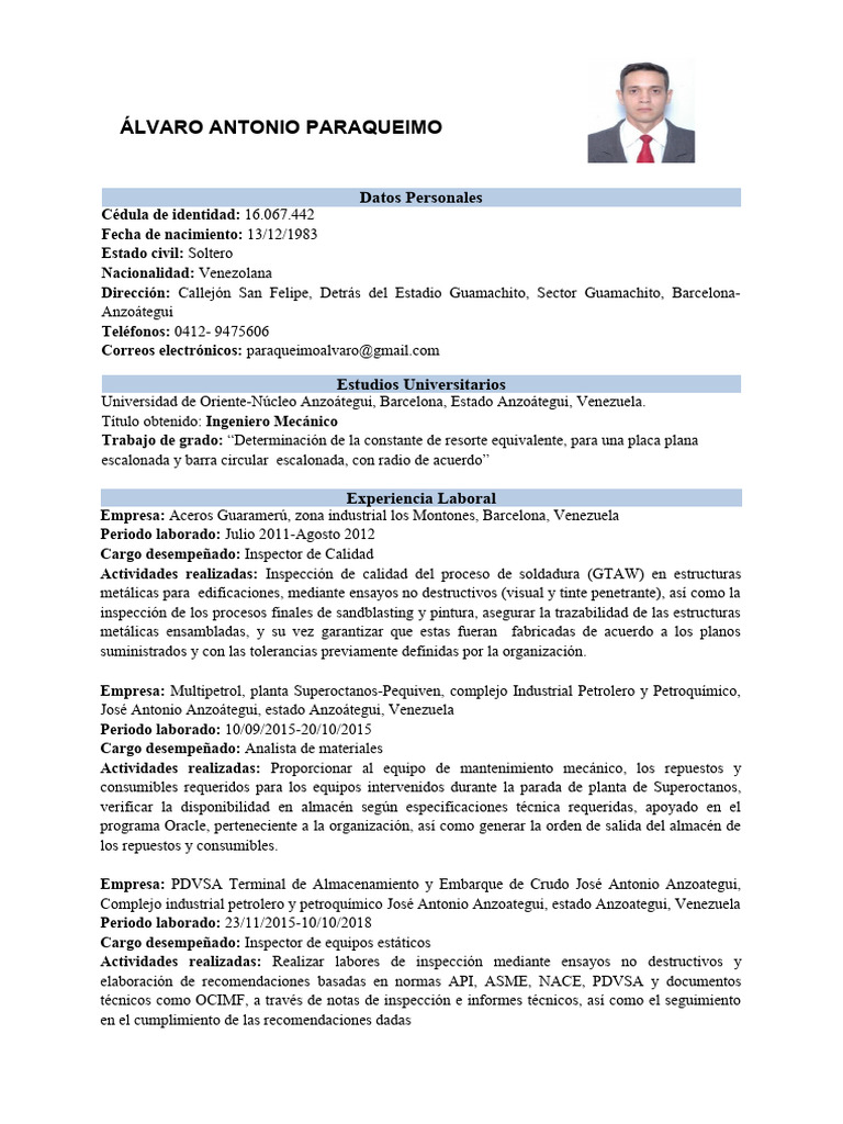 Alvaro Paraqueimo CV | PDF | Venezuela