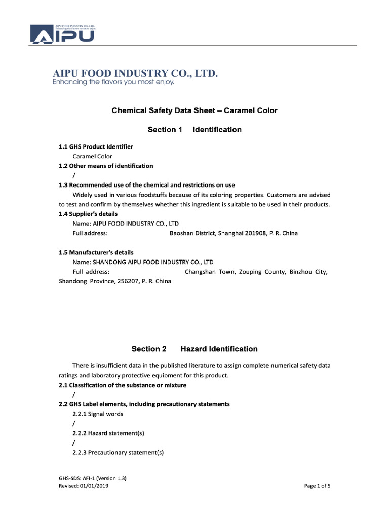 Chemical Safety Data Sheet - Caramel Color (Liquid) PDF | PDF